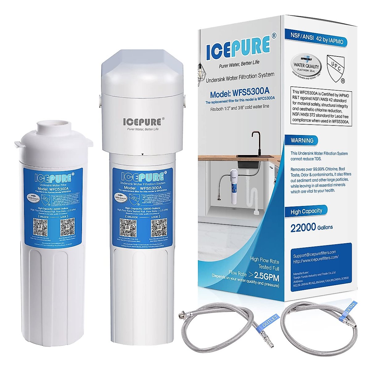 ICEPURE Under Sink Water Filter System, 3 Years or 22K Ultra High Capacity, NSF/ANSI 42 Certified, Direct Connect Under Counter Drinking Water System, 0.5 Micron, with an Extra Replacement Filter