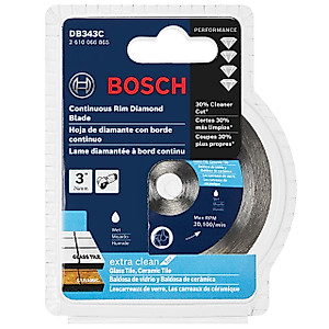 BOSCH DB343C 3 In. Continuous Rim Diamond Blade with 3/8 In. Arbor for Extra Clean Cut Wet Cutting Applications in Ceramic Tile, Glass Tile