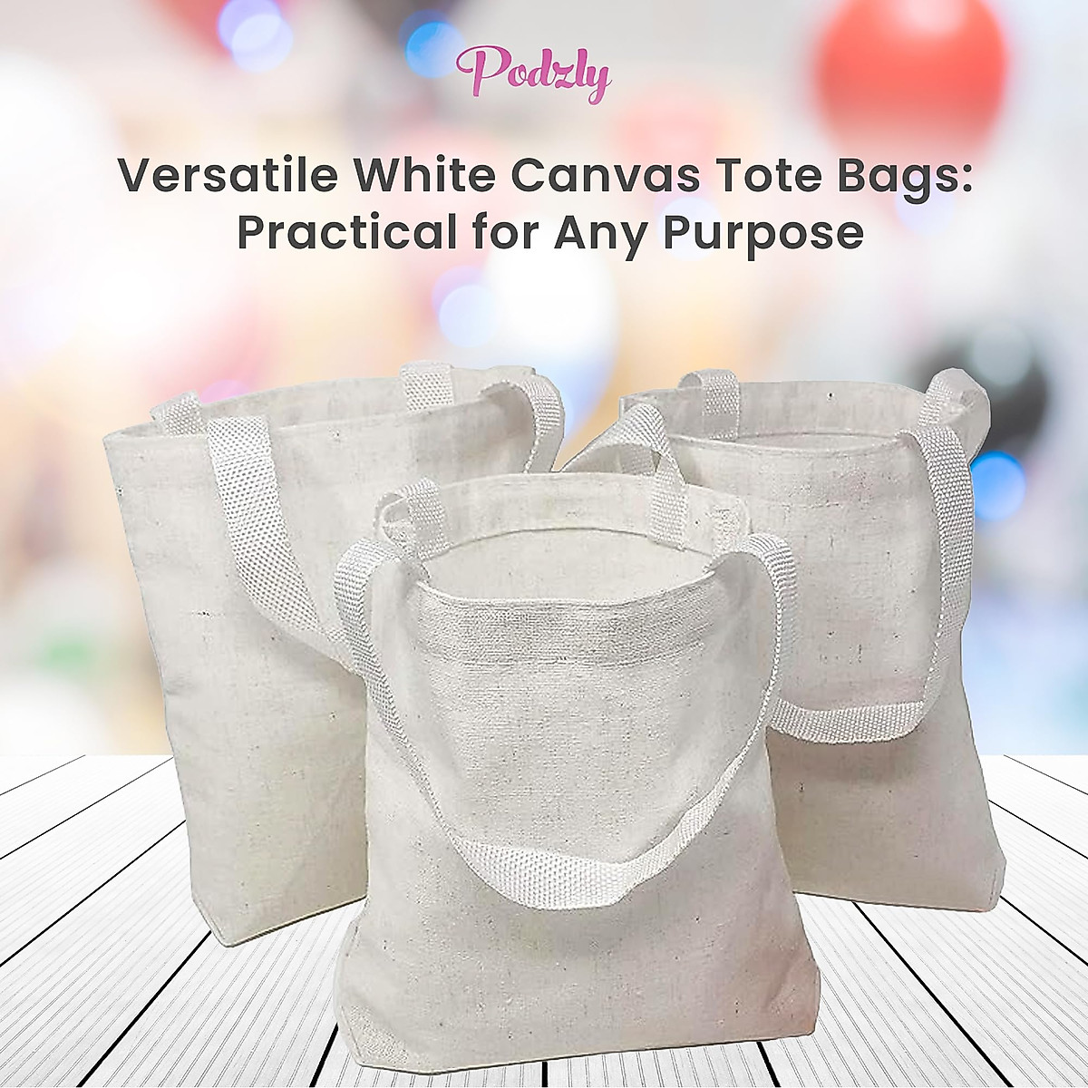 Podzly DIY Blank Canvas Tote Bags - Set of 12 Small 12" x 10" White Plain Totes for Crafting, Decorating, and Personalizing - Unleash Your Creativity with Premium Quality, Compact Design