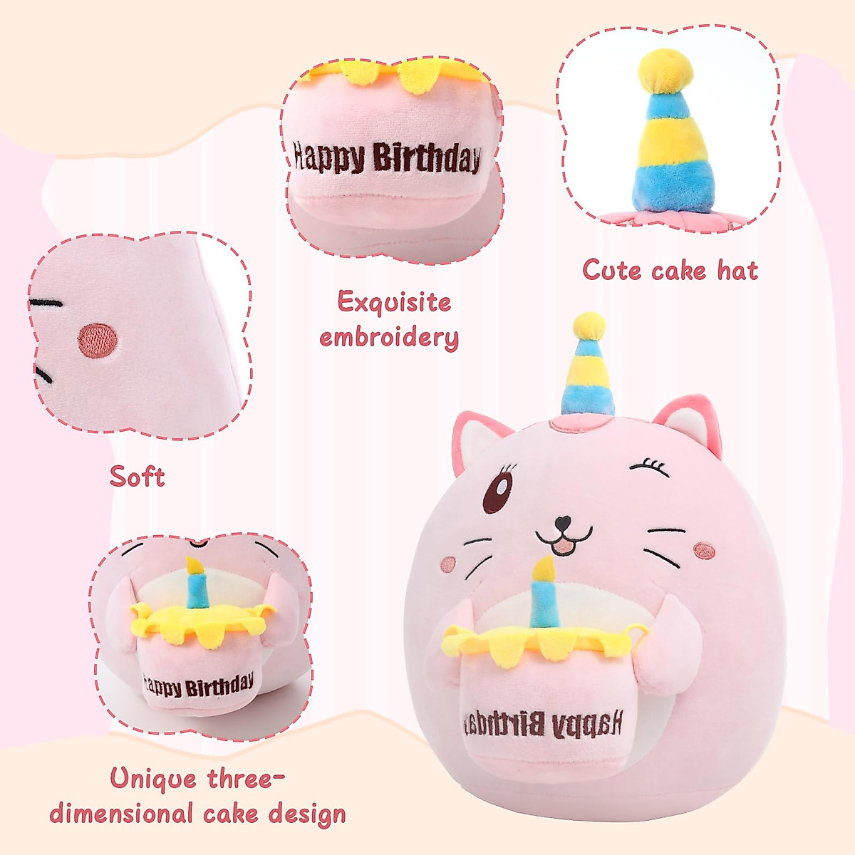 MILEGI 12’’ Happy Birthday Cake Cat Plush Pillow, Cat Stuffed Animal with Stereo Cake, Happy Birthday Plush Toy Cute Cat Plushie Doll, Home Room Decoration Pink Birthday Gifts for Girls Boys Kids