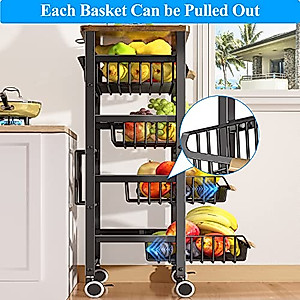 Fruit Basket for Kitchen, 5 Tier Large Pull-out Wire Basket With Wood Top and Wheels, Kitchen Storage Cart for Fruit Vegetable Onions Potatoes Banana, Black