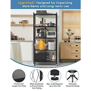 ALANNG 70.7" H Metal Storage Shelves, 5 Tier Folding Storage Shelves on Wheels, Heavy Duty Collapsible Shelving Unit, No Assembly Storage Rack for Kitchen, Basement, Pantry (Black,1 Pack)