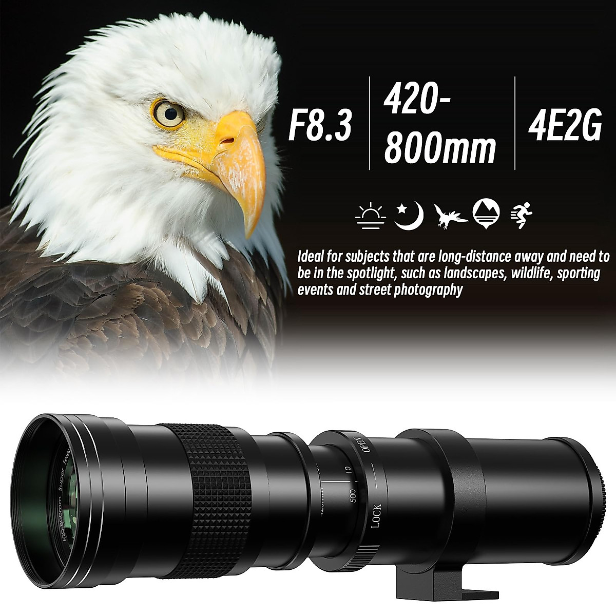 Ultra Telephoto 420-800mm F8.3 Manual Zoom Lens for Nikon DSLR F-Mount Cameras(D850 D810 D800 D610 D750 D500 D7200 D7500 D7100 D5600 D5300 D600 D3500 D3400 D3300 D3200 D5200 D5100 D5000 D7000 D700)