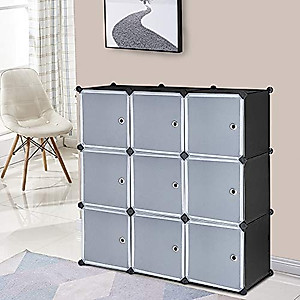 VINGLI Cube Storage, 9 Cubes Organizer Shelves Plastic Closet Cabinet, DIY Modular Storage Cube Organizer w/White Doors for Bedroom Living Room Office, Black
