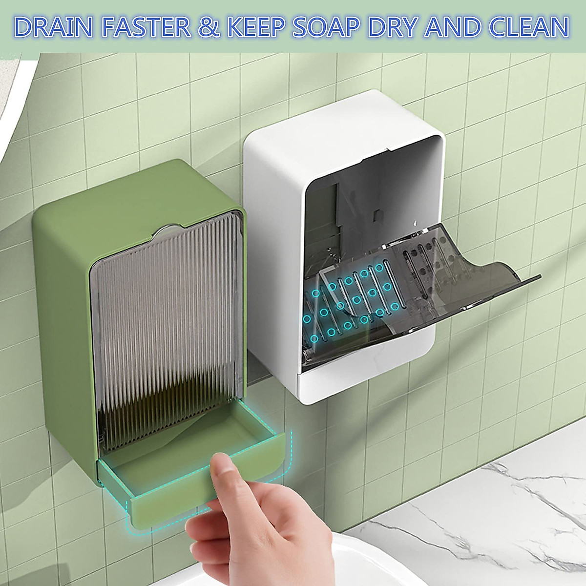HANCELANT Bathroom Soap Dishes, 2 Pack Bar Soap Holder with Drain Wall Mounted Soap Box for Shower, Bathroom, Kitchen Sink, Keep Soap Bars Dry, Waterproof Dustproof, No Drilling, Adhesive Include