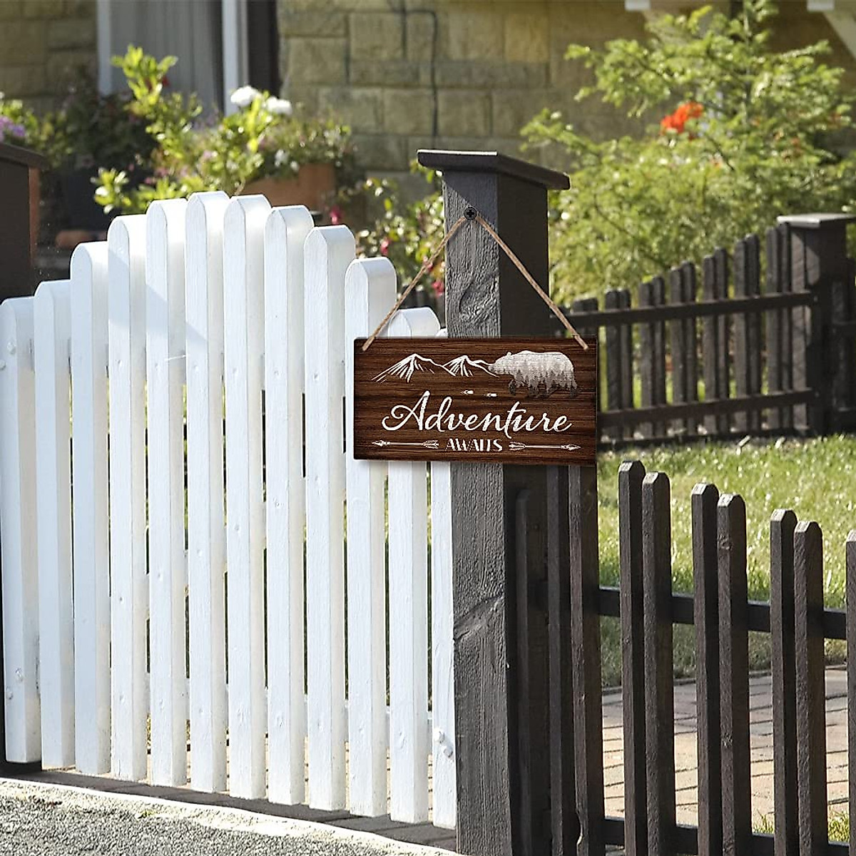 FWIEXA Adventure Awaits Inspirational Quote Sign Hanging, Rustic Wooden Plaque Wall Hanger, Mountain Bear Arrow Decorative Door Sign for Home Garden Store Porch Decor (11''x6'')