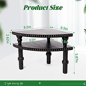 Defined Deco 2 Tier Corner Pedestal Stand Rustic Decor Riser for Display - Farmhouse Wood Beaded Tray Kitchen Bathroom Countertop Organizer for Coffee Bar, Plant Stand, Black Stackable Corner Shelf