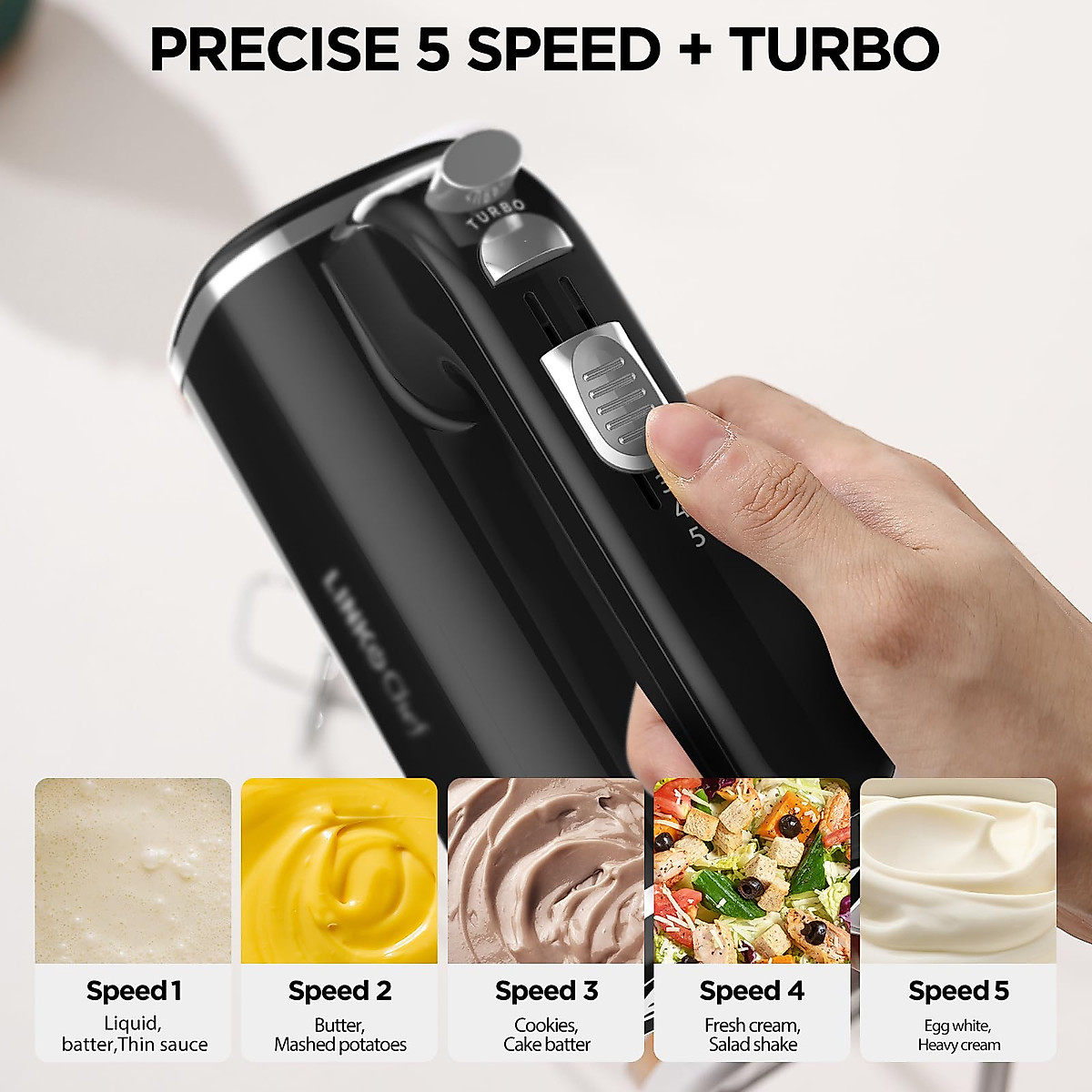 LINKChef Electric Hand Mixer, 450W Handheld Mixer with Whisk, Dough Hook and Storage Base, 5-Speed Turbo Kitchen Mixer Blender for Baking, Cakes, Eggs, Cream, Brownies