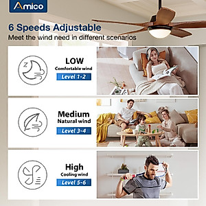 Amico Ceiling Fans with Lights, 52 inch Indoor/Outdoor Ceiling Fan with Remote Control, Reversible DC Motor, 5 Blades, 3CCT, Dimmable, Damp Rated Wooden Ceiling Fan for Bedroom, Patio, Porch