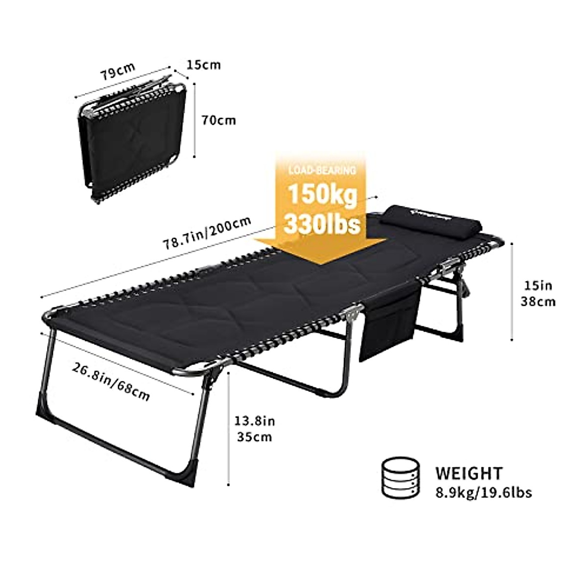 KingCamp Padded Oversized Lounge Chair, Folding Outdoor Chaise Lounge Chair with 5-Position Adjustable, Camping Cot for Beach, Patio, Garden, Pool, Sunbathing with Pillow Side Pocket,Support 300 LBS