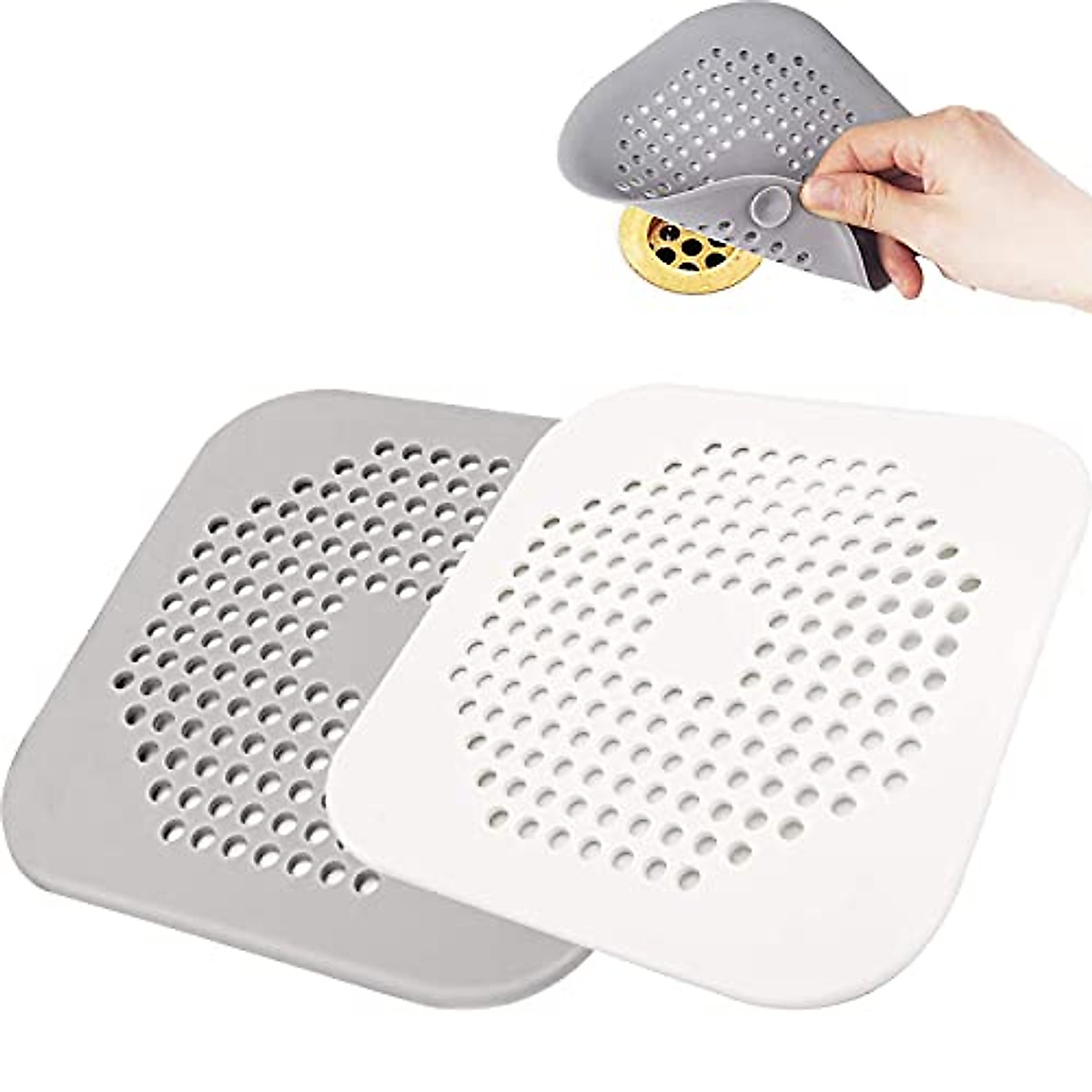 Hair Catcher,Square Drain Cover Silicone Drain Tub Stopper,for Bathtubs & Showers,Filter Shower Drain Protection Flat Strainer Stopper with Suction Cups for Kitchen Sinks (1 Grey + 1 White)