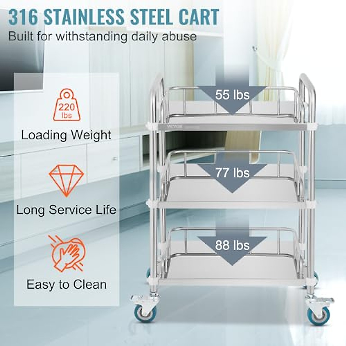 VEVOR Lab Rolling Cart, 3-Shelf Stainless Steel Rolling Cart, Lab Serving Cart with Swivel Casters, Dental Utility Cart for Clinic, Lab, Hospital, Salon, 26.38"x15.55"x34.13"