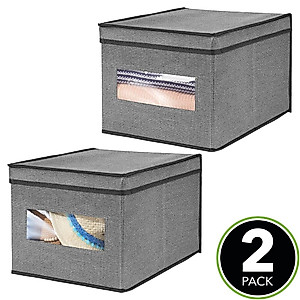 mDesign Large Fabric Stackable Closet Organizer Box with Clear Window/Lid for Bedroom, Office, Bathroom, Mudroom Organization - Shoe, Sweater, Clothes Storage, Lido Collection, 2 Pack, Dark Gray/Black