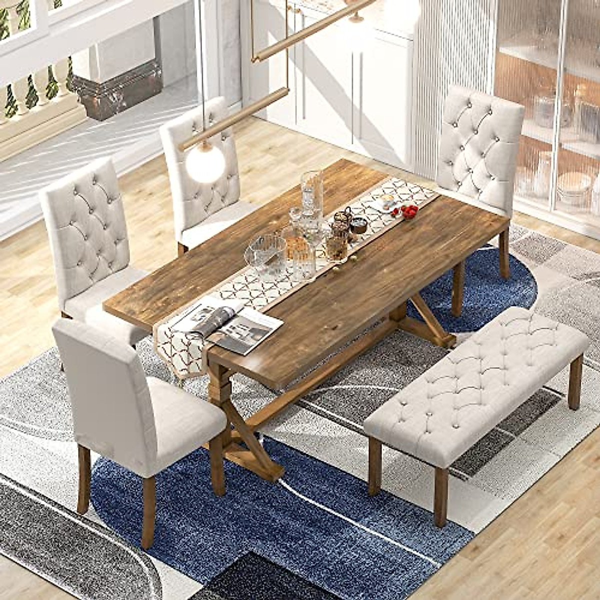 Goohome 6-Piece Farmhouse Kitchen Dining Set, Mid-Century Wood Rectangular Table, 4 Flannelette Upholstered Chairs and Bench Family Furniture, for Home, Apartment, Walnut