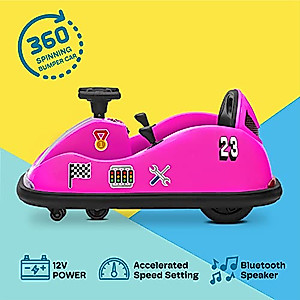 Kidzone 12V 2 Driving Mode (Steering Wheel/Joystick) Ride On Bumper Car for Kids & Toddlers 1.5-6 Year Old DIY Sticker Baby Bumping Toy Gifts W/Remote Control LED Lights, 360 Degree Spin