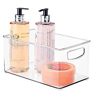 mDesign Plastic Storage Organizer Wide Container Bin with Handles for Bathroom, Home Organization - Holds Vitamins, Supplements, Makeup, Styling Tools - Ligne Collection - Clear