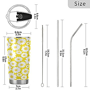 ALAZA White Daisy Flower on Yellow Insulated Travel Tumbler Mug with Lid & Straw Double Wall Vacuum Water Bottle Car Cup Stainless Steel, Hot and Cold Thermos, 20oz