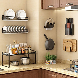 Dish Drying Rack, Detachable 304 Stainless Steel Wall Mount Dish Rack and drainboard Set,2 Tier Hanging Dish Rack with 6 Hooks and 1 Utensil Caddy(Black)