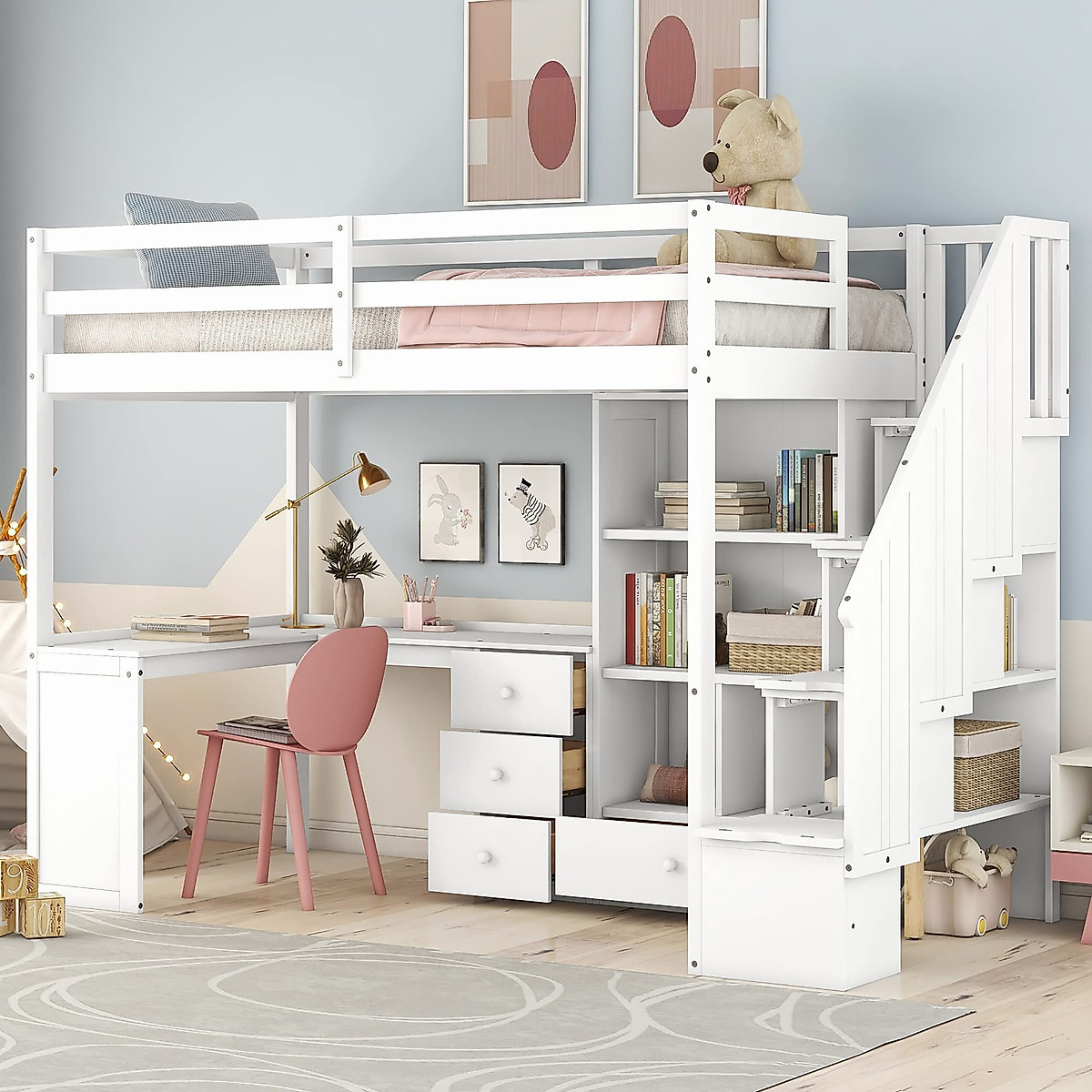 Harper & Bright Designs Twin Loft Bed with Stairs and L-Shaped Desk, Solid Wood Loft Bed Frame with Bookcase and Storage Drawers, for Kids Teens Adults (Twin Size, White)