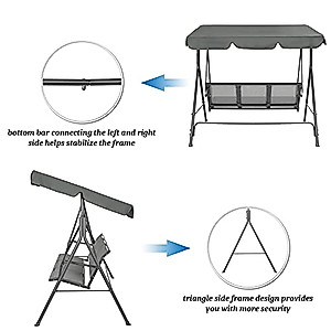 VINGLI Heavy Duty 550 LBS Upgraded 3 Person Outdoor Porch Swing with Stand, Adjustable Canopy Swing with Textilene Fabric & Steel Frame for Yard, Pool, Lawn, Indoors (Grey)