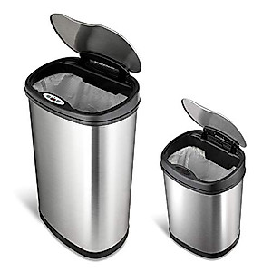NINESTARS CB-DZT-50-13/12-13 Automatic Touchless Infrared Motion Sensor Trash Can Combo Set, 13 Gal 50L & 3 Gal 12L, Stainless Steel Base (Oval, Silver/Black Lid)