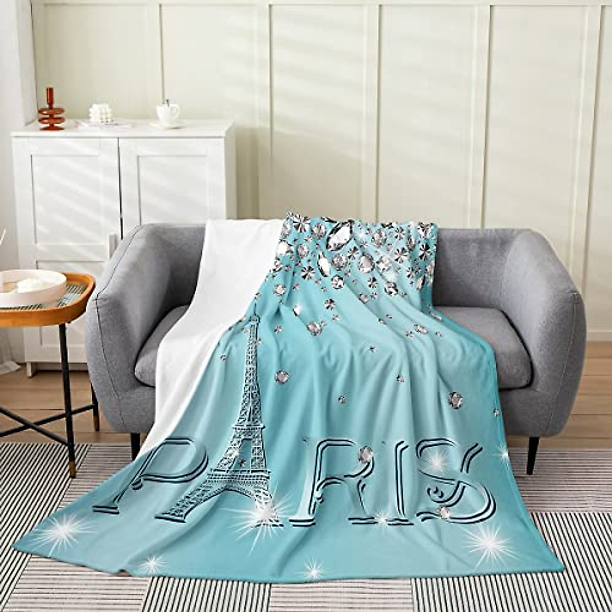 Eiffel Tower Throw Blanket 40x50 Size,Romantic Paris Tower Fleece Blanket for Teens Adult,Gradient Diamond Flannel Blanket,Teal Sparkles Sequins Valentines Bed Blanket Living Room Decor