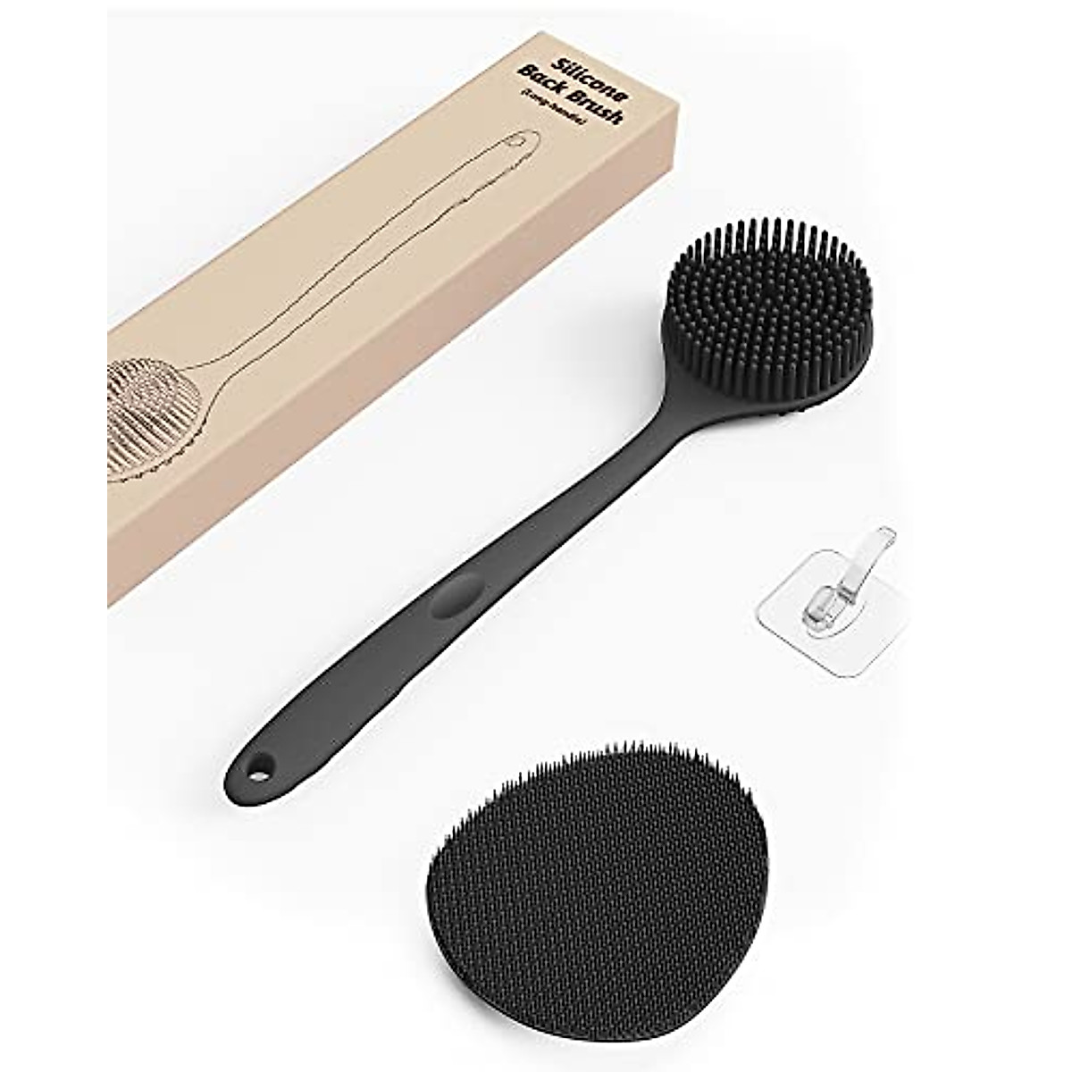 ManmiHealth Silicone Back Scrubber(Thick Bristles) & Soft Shower Brush Set, Super-Exfoliating Body Scrubber & Super-Lathering Bath Glove Combination, with a Free Hook(Black)