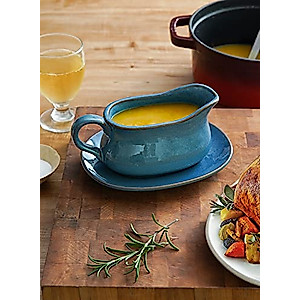 LE TAUCI 17oz Gravy Boat with Saucer Stand, Set of 1, Ceramic Sauce Boat with Tray for Salad Dressings, Creamer, Broth, Black Pepper, Ceylon blue