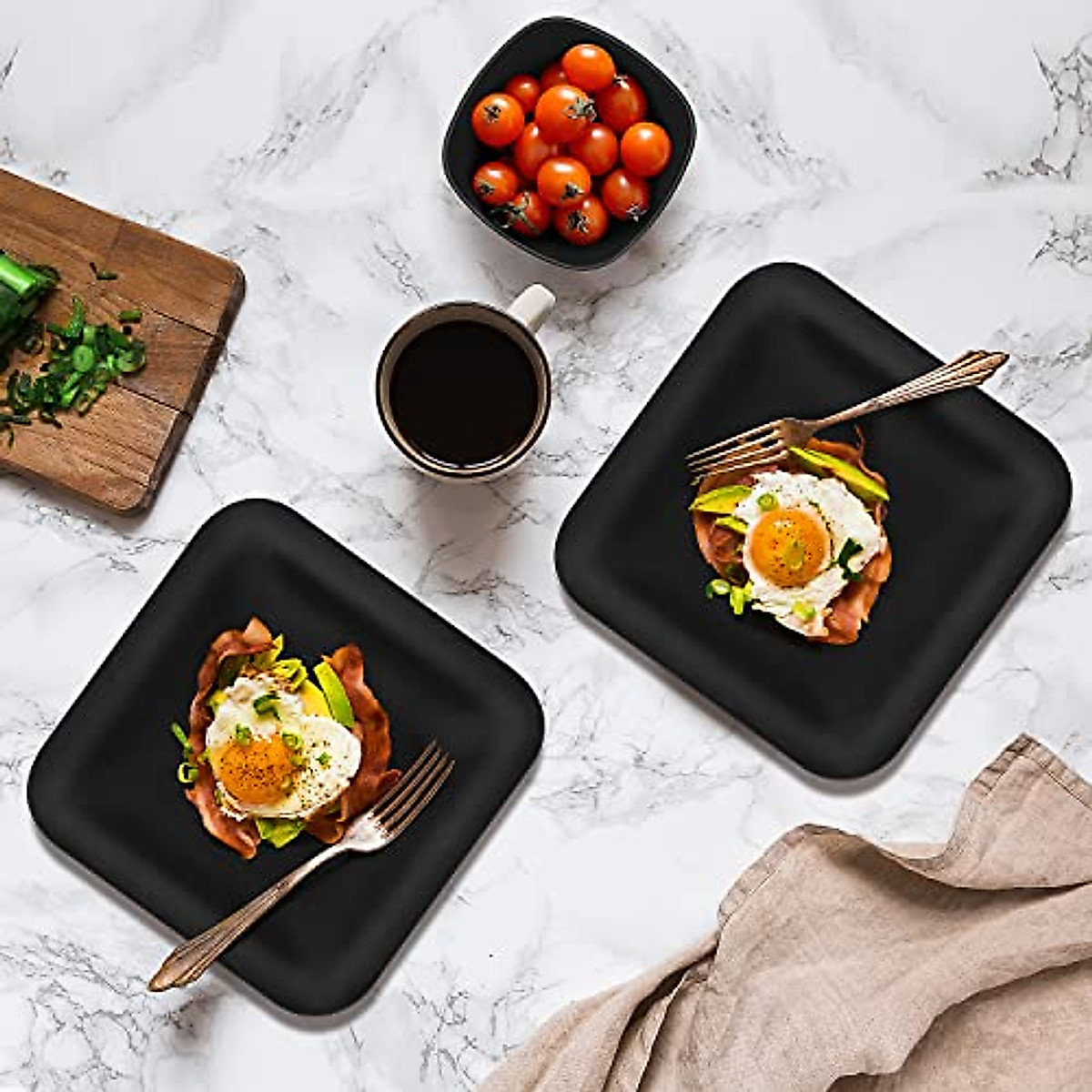 Melamine Dinnerware Set - 12 pcs Melamine Plates Indoor and Outdoor use Matte Black Plates and Bowls Dinnerware Sets Summer Fall Camping Dish Set for 4 Dishwasher Safe（Square）