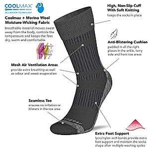 aZengear Premium Coolmax Merino Wool Hiking Socks for Men & Women - Trekking - Seamless Toe - Cushioned - Breathable & Soft - L