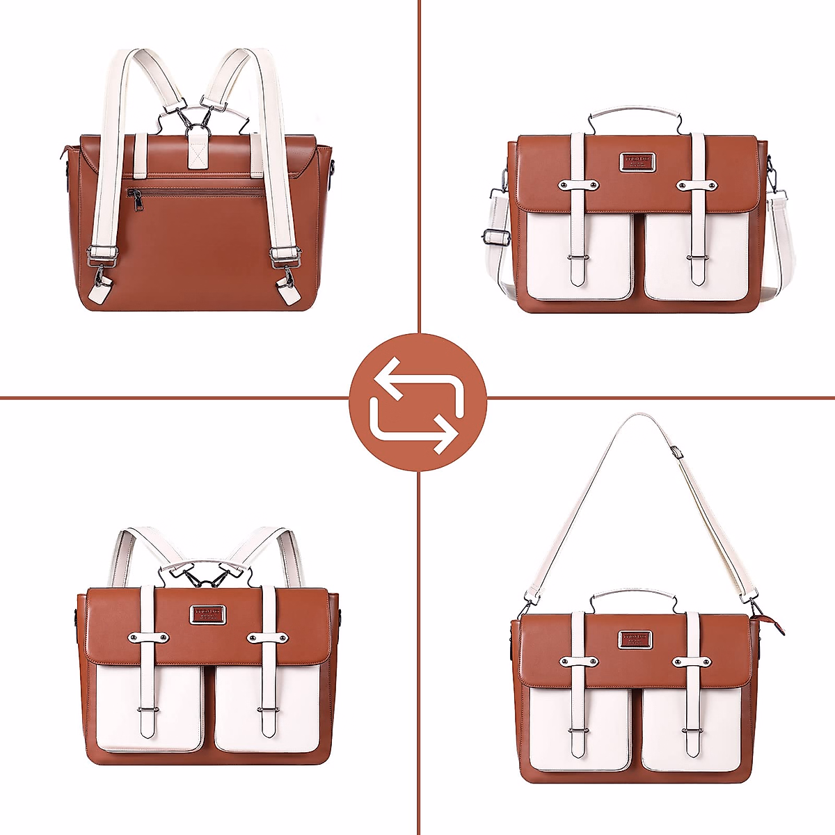 MOSISO Laptop Bag for Women, 15-15.6 inch Laptop Backpack Messenger Shoulder Bag with Front 2 Pockets for Business, Travel, Work, Office, Brown