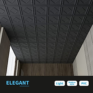 Art3d Decorative Drop Ceiling Tiles 2x2, Glue up Ceiling Panel Square in Black, Pack 12 Tiles