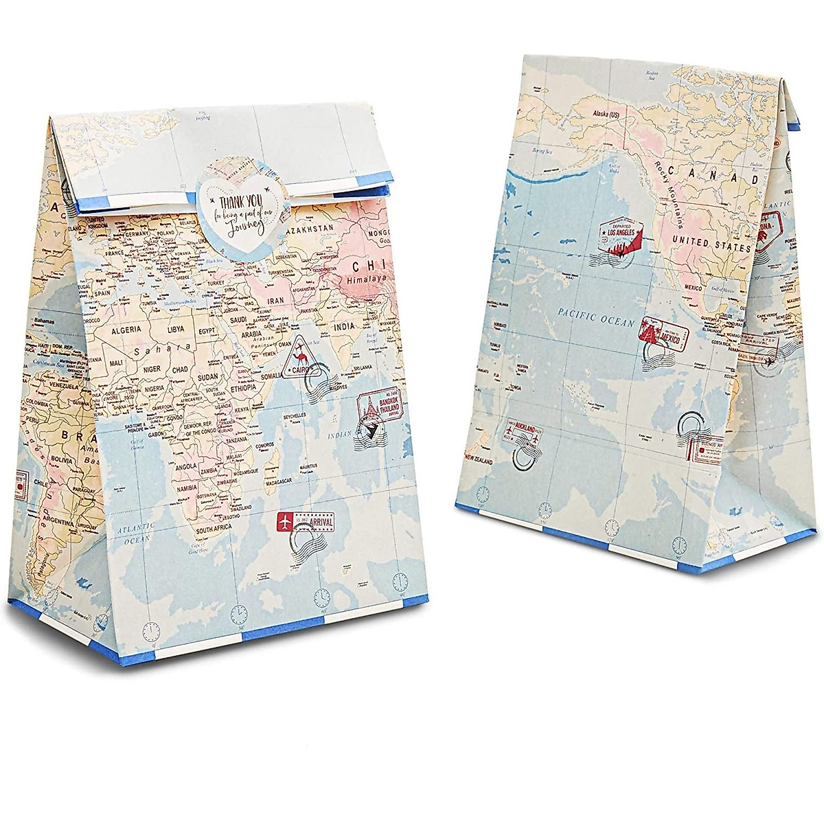 BLUE PANDA 36 Pack World Map Travel Favor Bags with Stickers Gift Bag for Travel Themed Party Decorations - Birthday Baby Shower Goodie Bags for Kids (8.7 x 5.15 In) - Travel Theme Party Favors