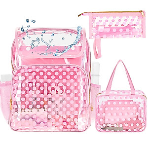 Sanwuta 3 Pcs Clear Backpack for Girls Pink Dots See Through Transparent Backpack Set Heavy Duty School Stadium Approved Book Bag with Lunch Pouch and Pencil Pouch for Kids Girls Boys