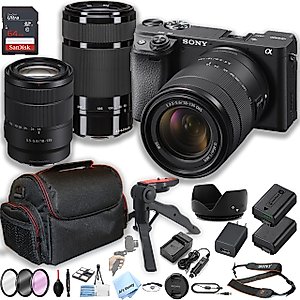 Sony a6400 Mirrorless Camera with18-135mm & 55-210mm Zoom Lenses + 64GB Memory + Case+ Steady Grip Pod + Filters + 2X Batteries + More (34pc Bundle)