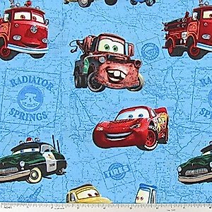 3/4 Yard - Cars Radiator Springs Map Toss on Blue Cotton Fabric - Lightning McQueen & Mater (Great for Quilting, Sewing, Craft Projects, Throw Pillows & More) 3/4 Yard (27 Inches) X 44 Inches