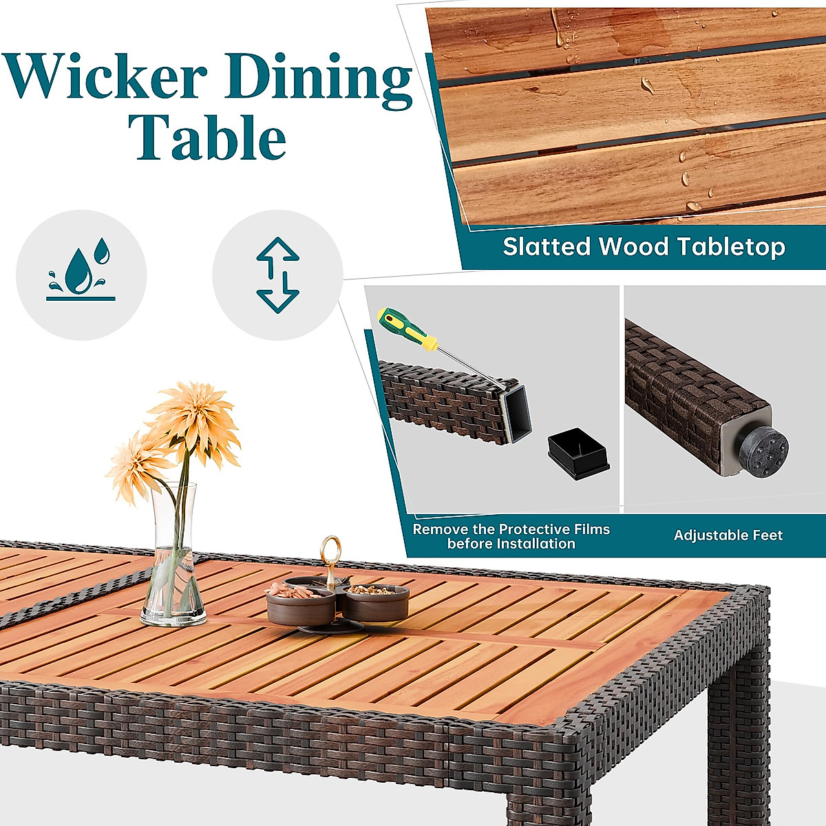 Shintenchi 7 Piece Patio Dining Set, Wicker Patio Conversation Set with Wood Table Top, Outdoor Table and Chairs with Soft Cushions for Backyard, Deck and Garden, Grey Rattan