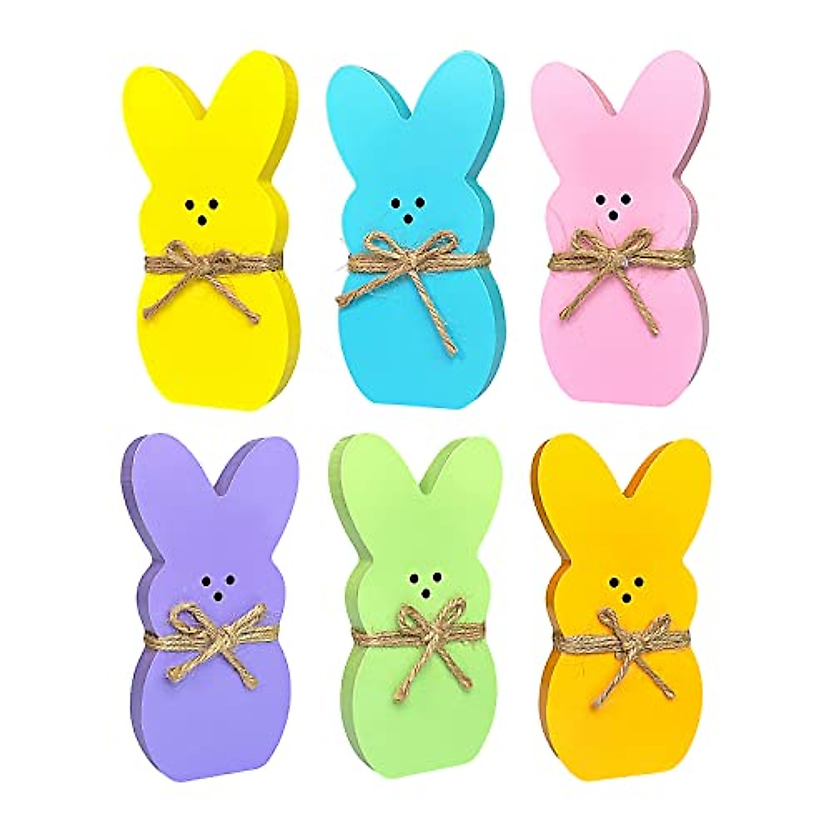 Easter Wooden Bunny Easter Decorations - Easter Wooden Table Centerpieces with Hemp Rope - 6PCS Easter Spring Peeps Tiered Tray Decor Rabbit Shape Tabletop Decoration for The Home Office Tables
