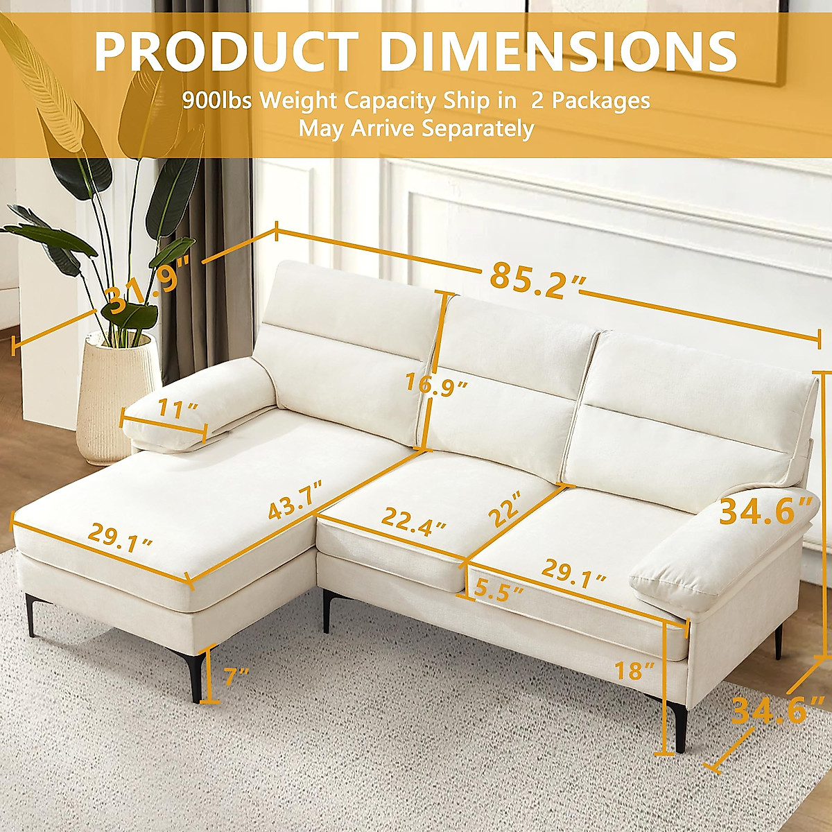 Ihanherry 85” Convertible Sectional Sofa Couch, 3 Seat Sofa for Living Room L-Shaped Modern Chenille Fabric Modular Sofa Reversible Wide Chaise & Fluffy Armrests for Apartment (Beige)