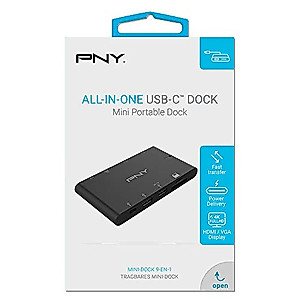 PNY 9 in 1 Mini Portable USB-C Power Hub with Integrated USB-C Cable for USB-C Compatible Devices with 2xUSB-C Ports, 2xUSB-A 3.1 Ports, 1xHDMI Port, 1xVGA Port, SD/microSD Slots, PNY Mini USB-C Hub