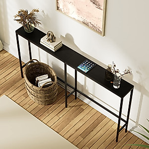 SONGXIN 63" Console Table,Modern Narrow Long Sofa Table Behind Couch,Skinny Entry Table with Black Metal Frame for Living Room, Hallway,Classic Black