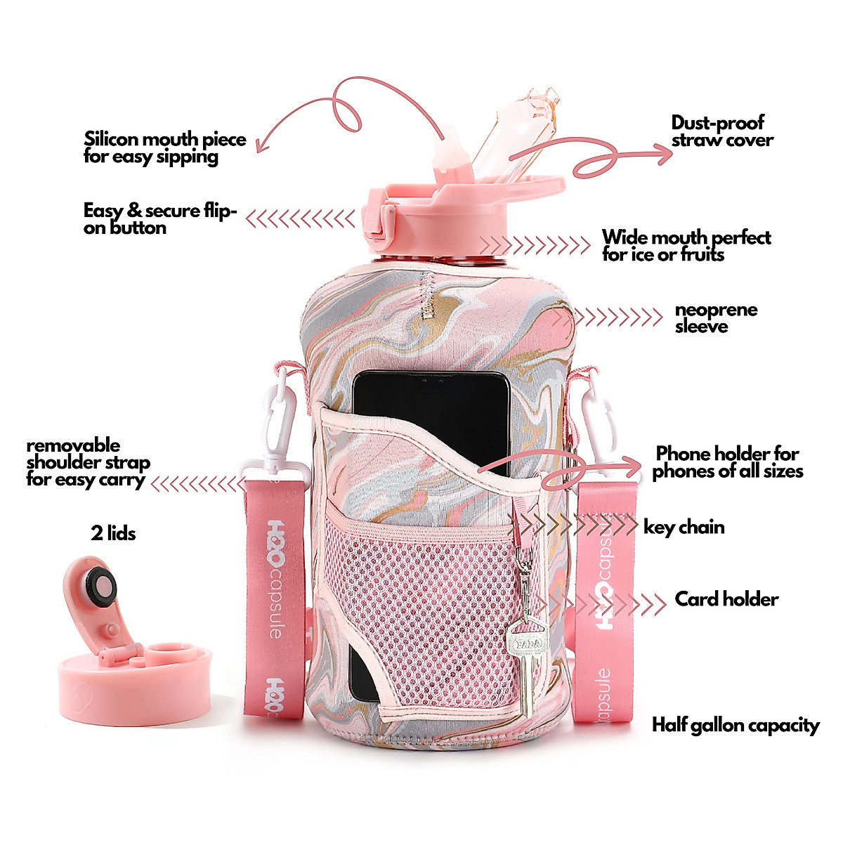 H2O Capsule 2.2L Half Gallon Water Bottle with Storage Sleeve and Removable Straw – BPA Free Large Reusable Drink Container with Handle - Big Sports Jug, 2.2 Liter (74 Ounce), Pink Marble