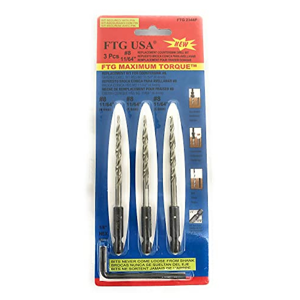 FTG USA Countersink Drill Bit Set 6 Pc #8 (11/64") Wood Countersink Drill Bit Pro Pack Countersink Set, with 3 Replacement Tapered Countersink Bits #8 (11/64"), 1 Stop Collar, 2 Hex Wrench