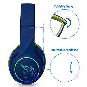 YUSONIC Wireless Headphones with led Lights, Kids Bluetooth Headphones for Boys Girls School/Travel/Phone/Kindle/pc/tv / MP3/tablet/laptop. (Blue Green)