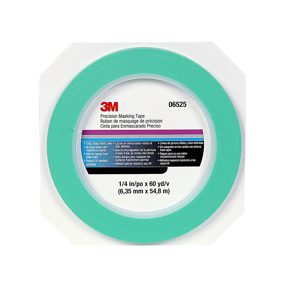 3M Precision Masking tape, 06525, 1/4" x 60 yds, Crisp, Sharp Lines for Automotive Paint Masking, 1 Roll