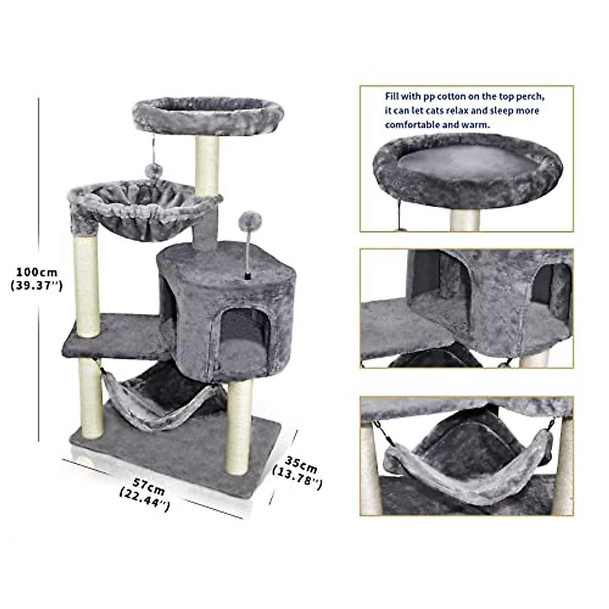 Newest Cat Tree with Cat Condo and Big Hammock，Grey