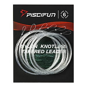 Piscifun Fly Fishing Leader with Pre-Tied Loop, Tapered Fly Line Leader, Nylon, Clear, 9ft, 6 Pack, 5X