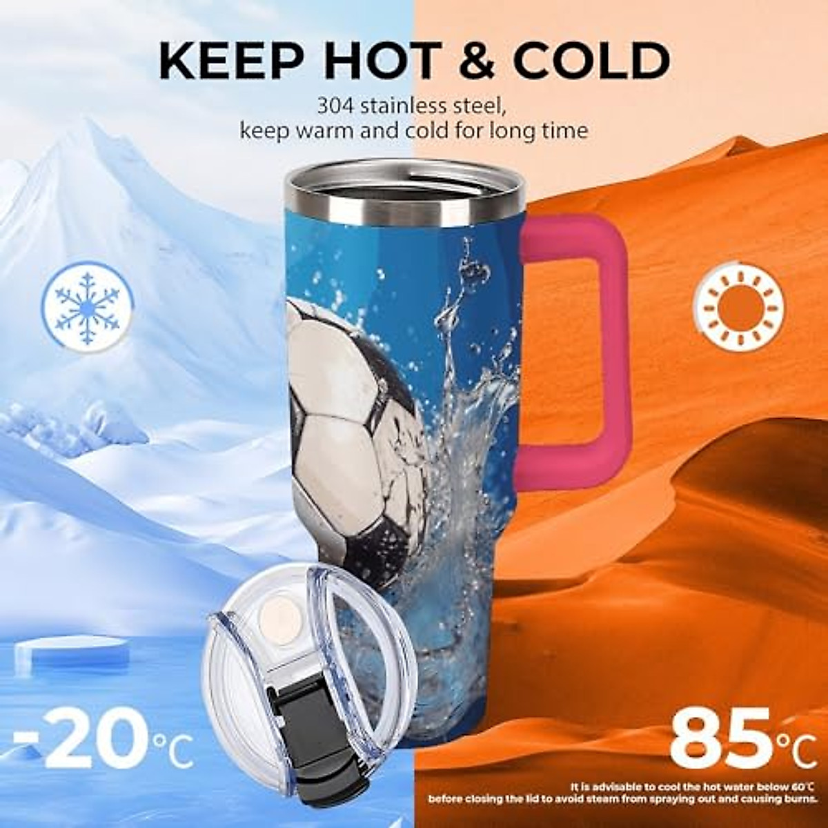 LLUTSNTH 40 Oz Vacuum Tumbler with Light Rose Red Handle Leakproof Insulated Tumbler Soccer Ball Water Stainless Steel Travel Mug with Lid And Straw Coffee Cup Cute Water Bottles Cup Holder Friendly