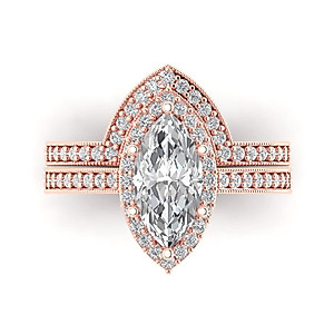 2.48ct Marquise Cut Clear VVS1 Ideal Zircon 14k Rose Gold Halo W/Accents Wedding Bridal Anniversary Ring Set Size 8.25