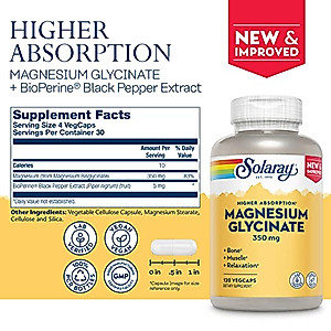 Solaray Magnesium Glycinate, New & Improved Fully Chelated Bisglycinate with BioPerine, High Absorption Formula, Stress, Bones, Muscle & Relaxation Support, 60 Day Guarantee (30 Servings, 120 VegCaps)